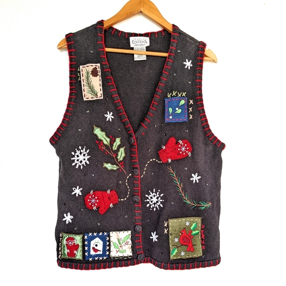 Vintage | Sweaters | Vintage Embroidered Mittens Holly Patchwork ...